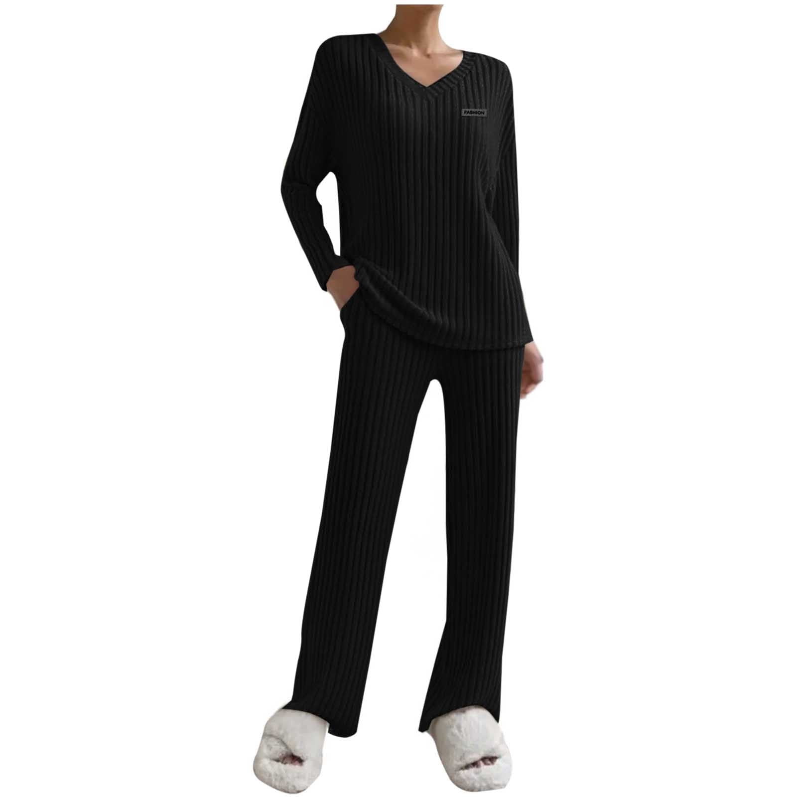 Ribbed Knit Pajama Sets for Women Cozy Long Sleeve Nightwear with Pants ...