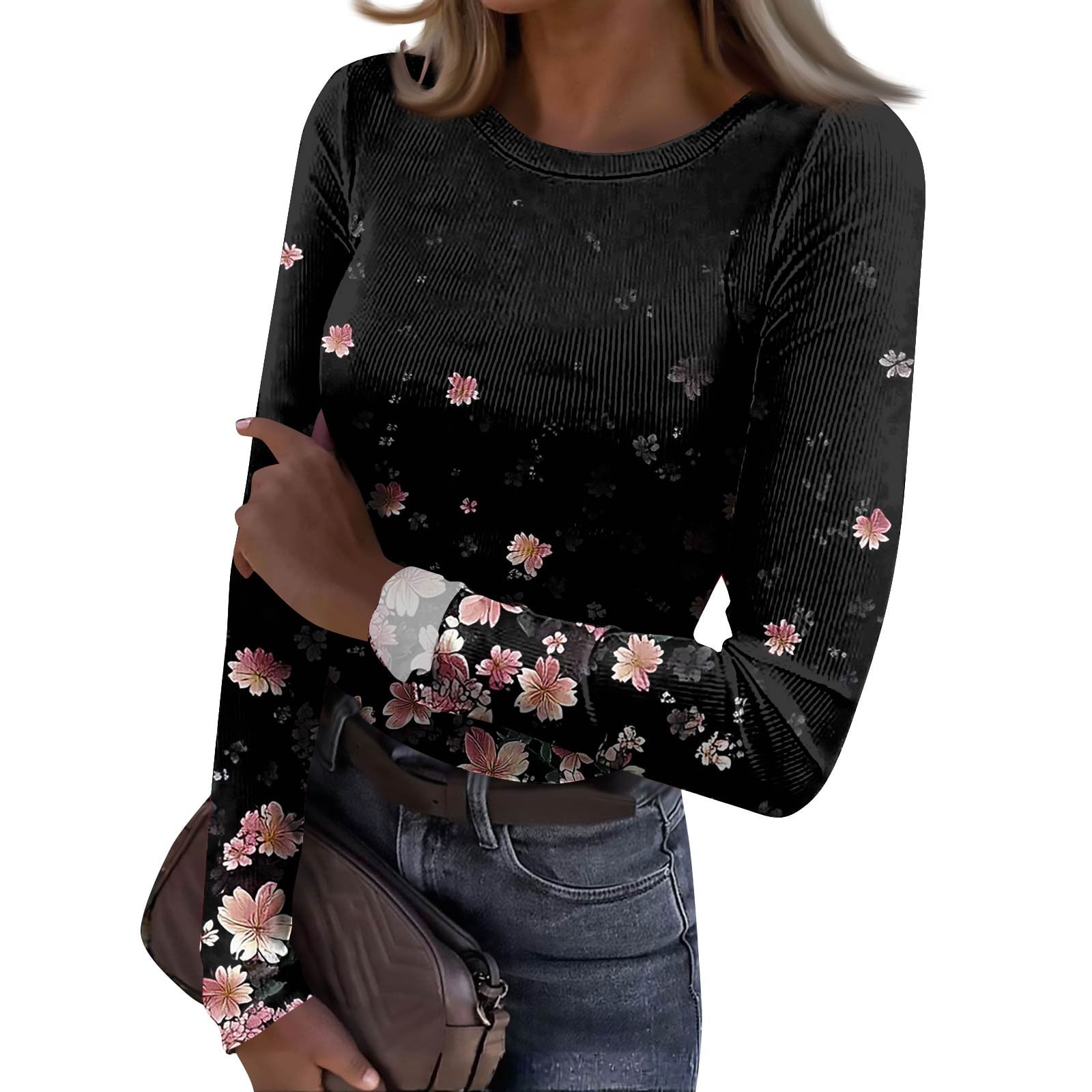 Ribbed Knit Tops for Women Long Sleeve Crewneck Slim Fitted Floral Print Basic Tee Blouses ...