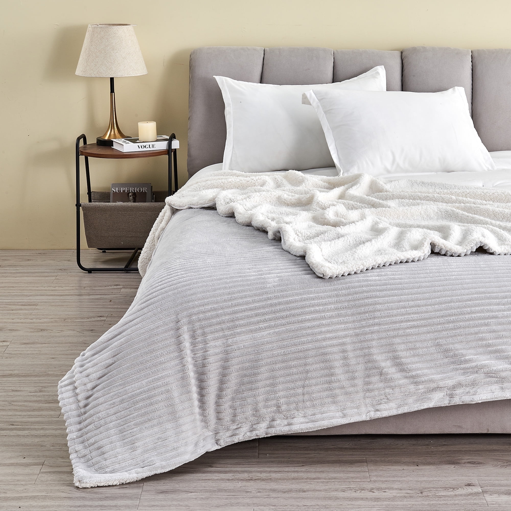Ribbed Plush Sherpa Reversible Throw Blanket (Twin, Light Grey ...