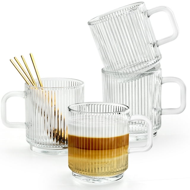 Ribbed Short Clear Glass Ripple Vintage Glassware Coffee Mug Set with ...