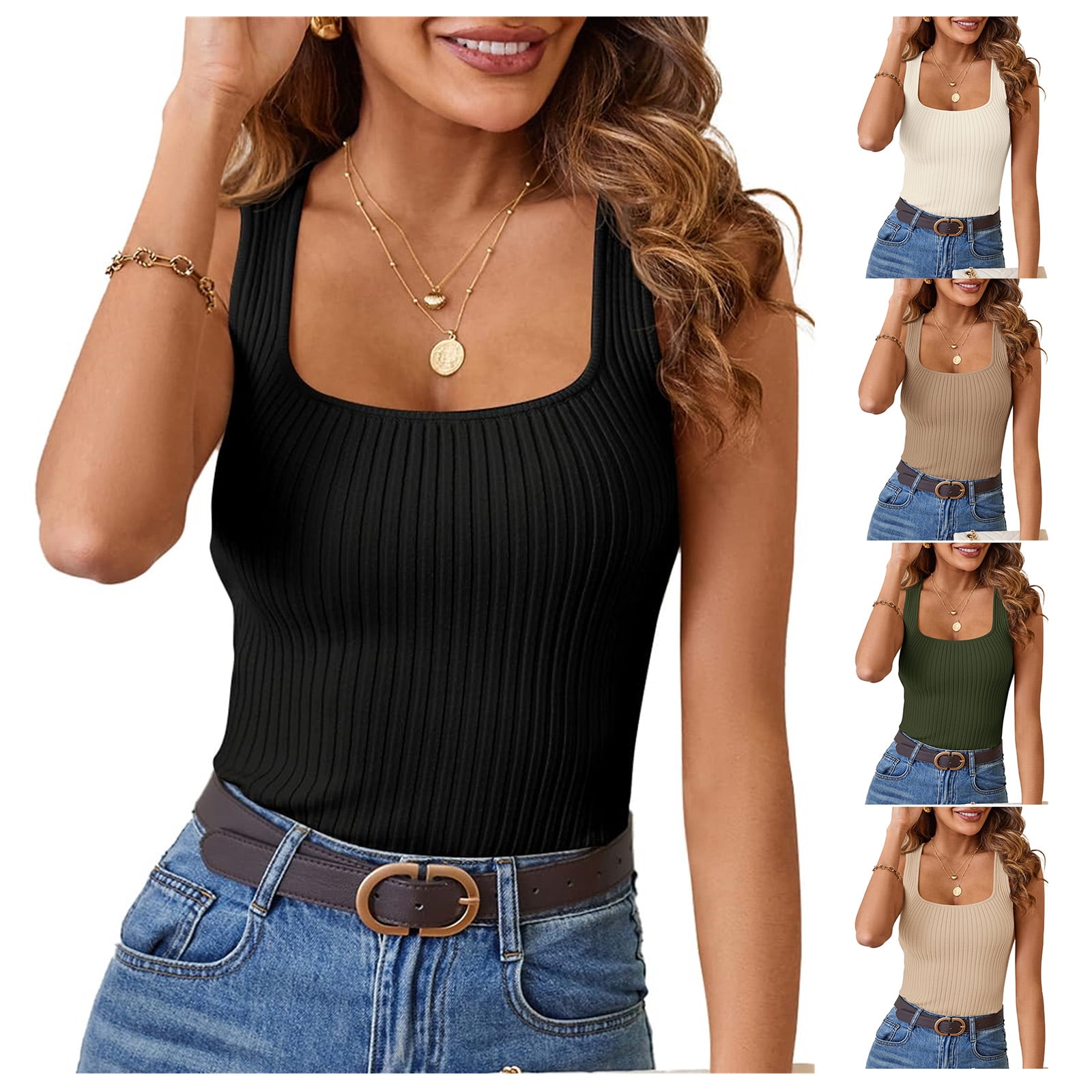 Ribbed Tank Tops for Women 2024 Summer Knit Square Neck Sleeveless ...
