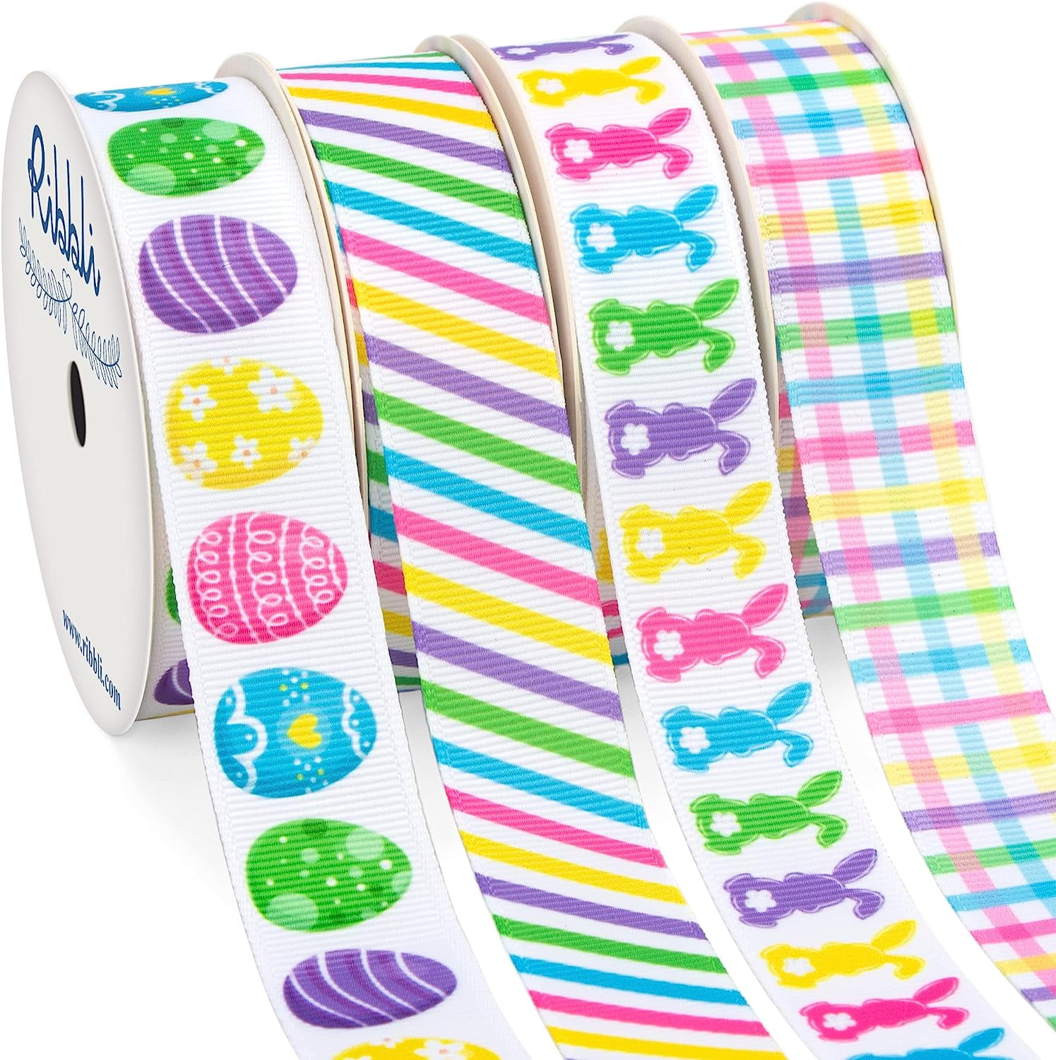 Ribbli 4 Rolls Easter Grosgrain Ribbon,Easter Eggs/Bunny/Stripe/Check ...