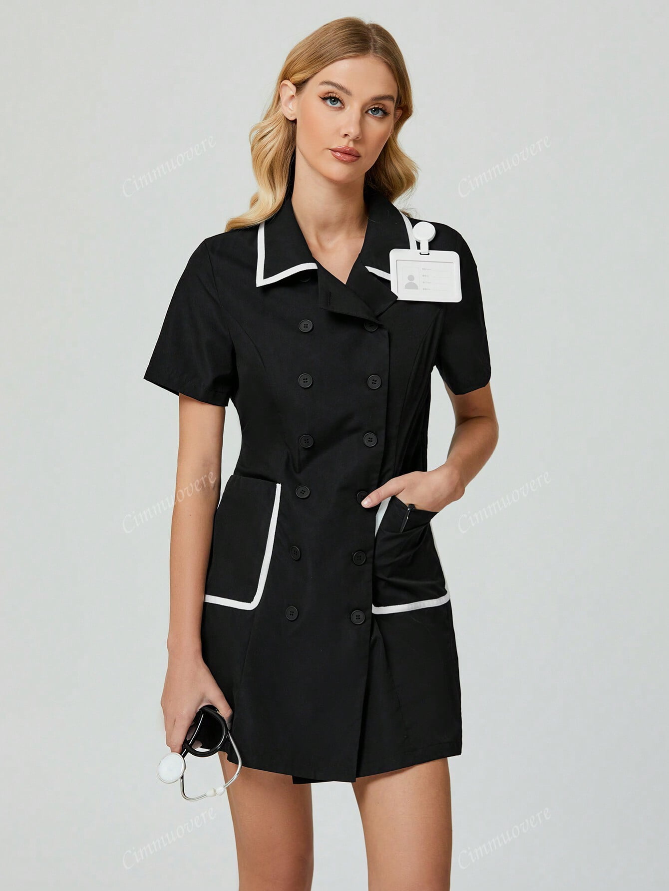 Ribbon Design Double-Breasted Collar & Pocket Elastic Waist Casual Or ...