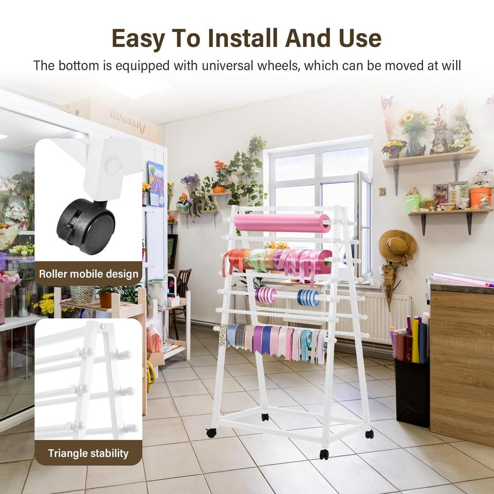 Ribbon Spool Holder, Wall Wrapping Paper Storage Rack with Wheels ...