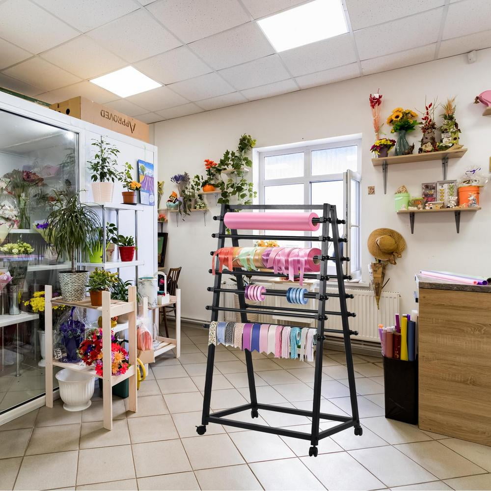 Ribbon Spool Holder, Wall Wrapping Paper Storage Rack with Wheels ...