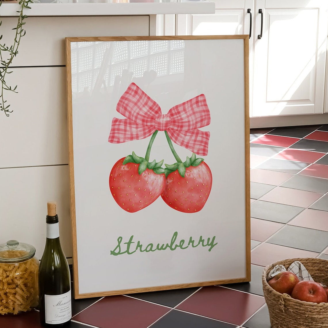 Ribbon Strawberry Print, Dining Room Decor, Coquette Strawberry Wall ...