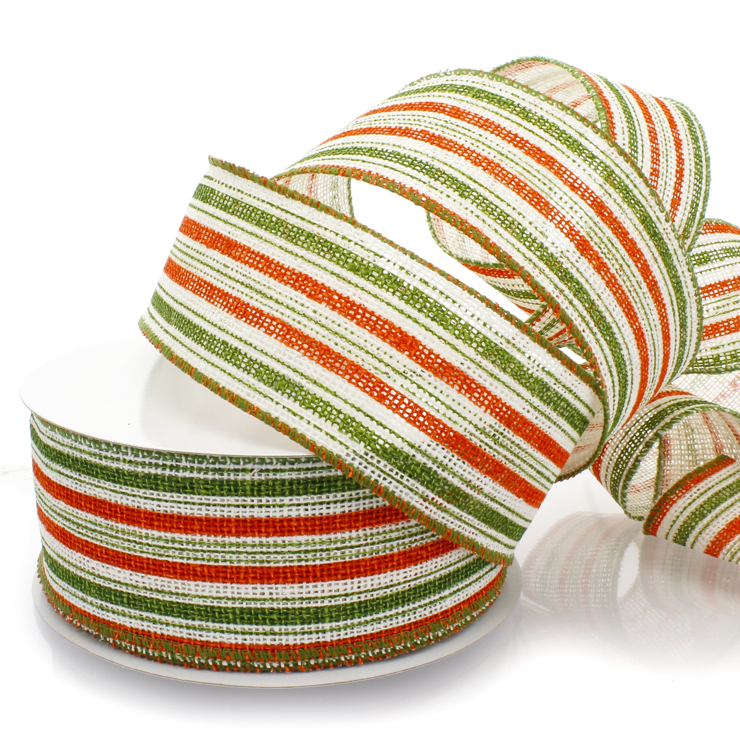 Ribbon Traditions 2 1/2" Wired Ribbon Fall Orange/Green/Cream Stripes ...