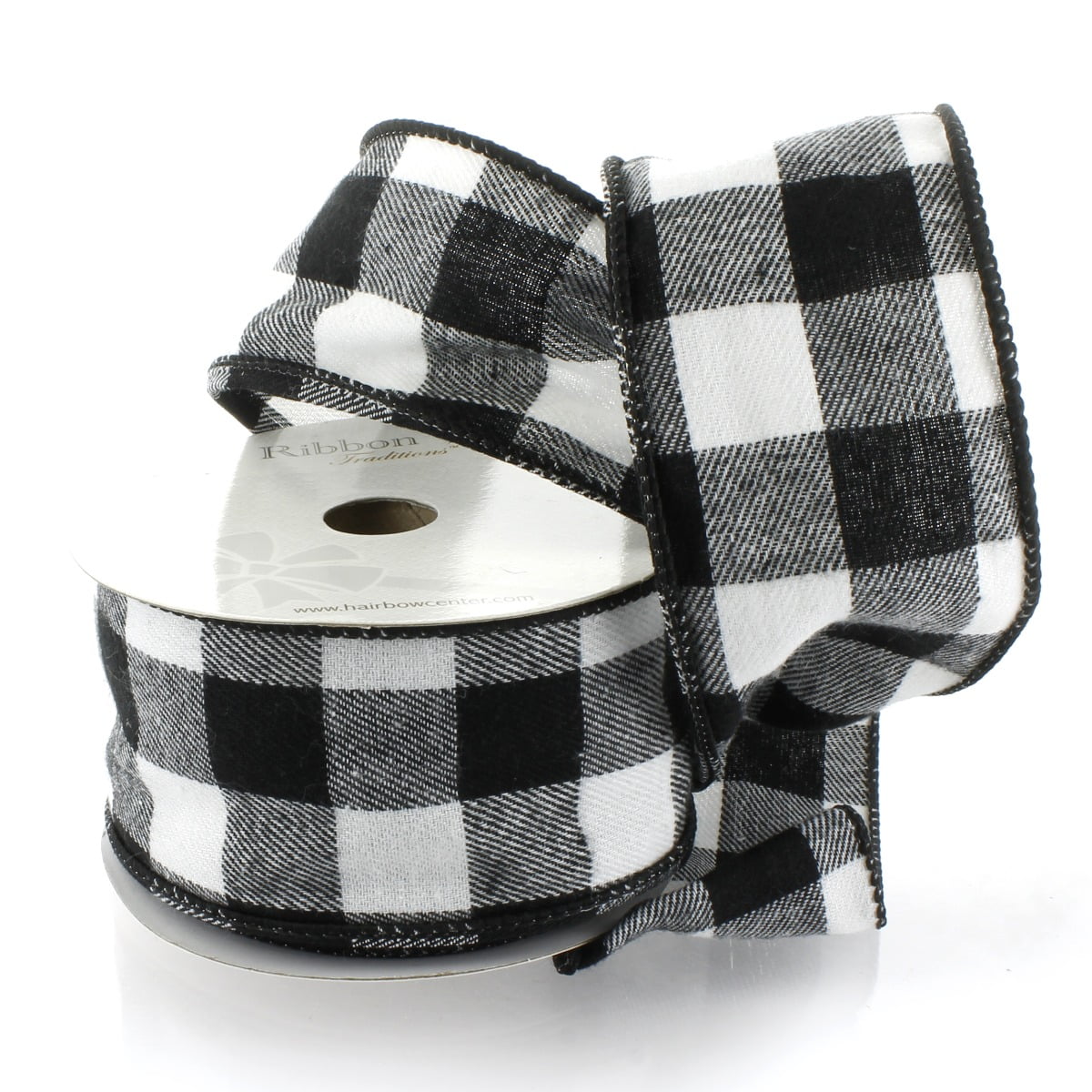 Ribbon Traditions 2.5" Wired White/Black Flannel Plaid Ribbon - 10 ...