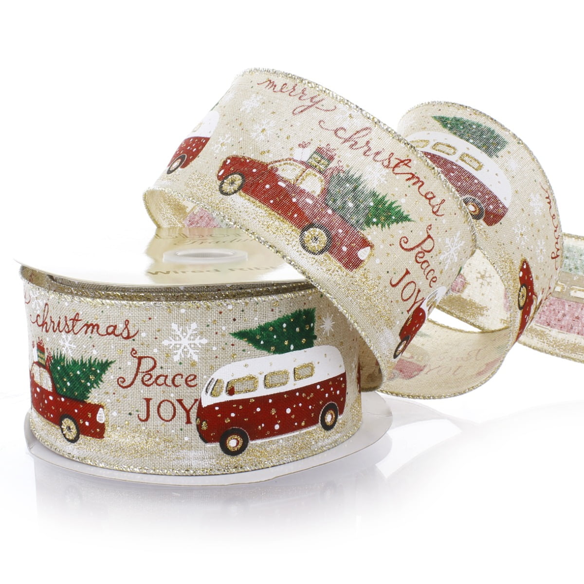 Ribbon Traditions Christmas Red/Green Trucks on Burlap Wired Ribbon 2 1 ...