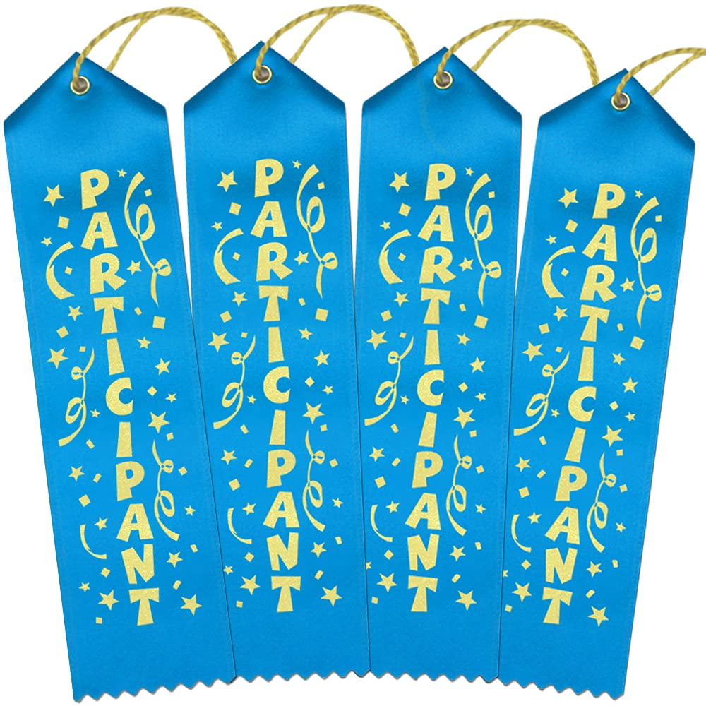 RibbonsNow 100 Bright Blue Participant Ribbons with Card & String - Fun ...