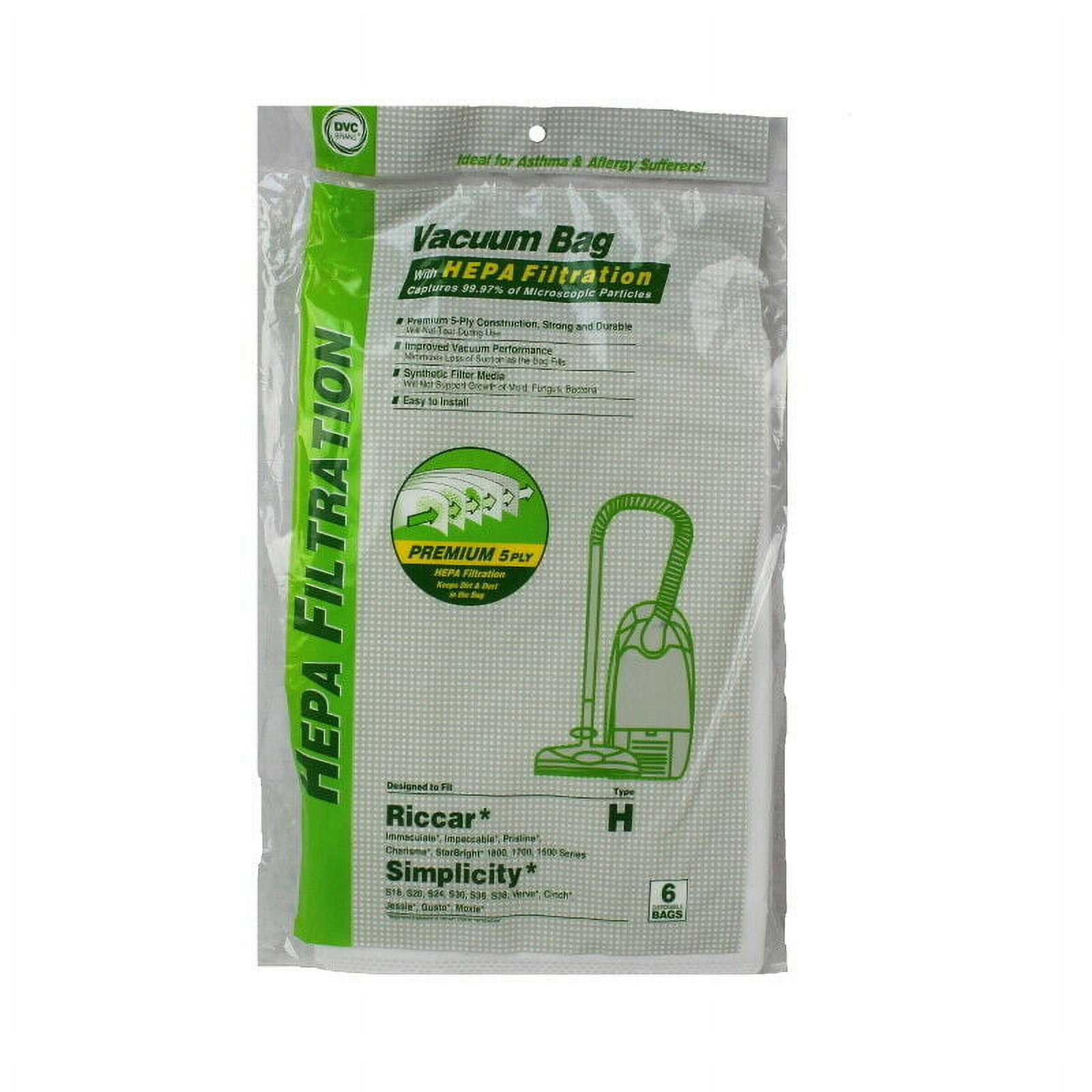 Riccar Simplicity Type H HEPA Vacuum Cleaner Bags by DVC Made in USA ...