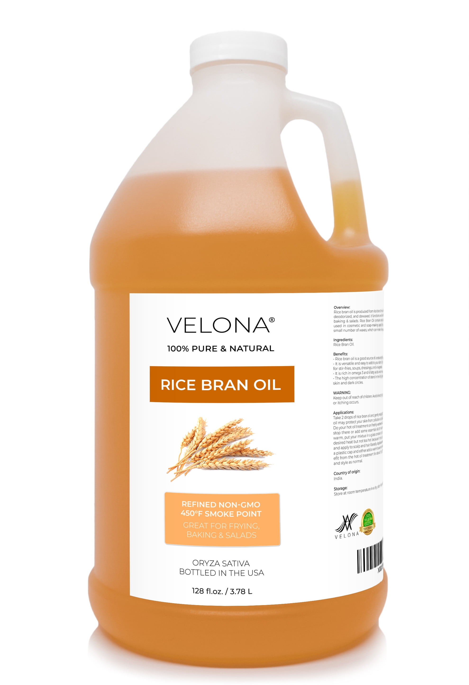 Rice Bran Oil by Velona - 1 Gallon / 128 Fl Oz | 100% Pure and Natural Carrier Oil | Refined ...
