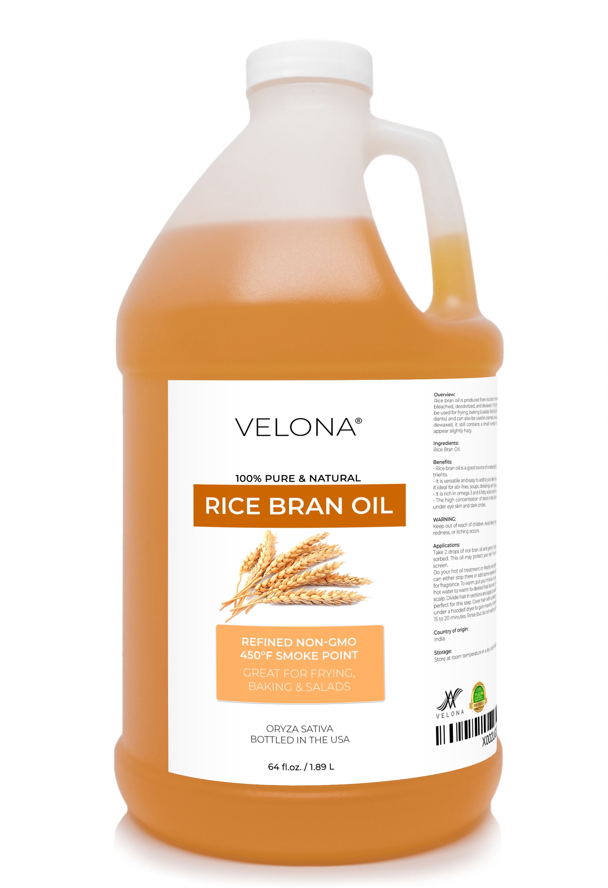 Velona's 100% Pure Rice Bran Oil - 64 oz | Refined, Cold Pressed | For ...