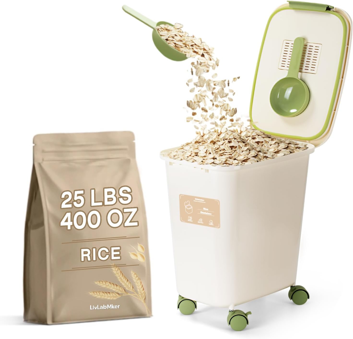 Rice Dispenser - 25Lbs 400oz Airtight food storage container with lids ...