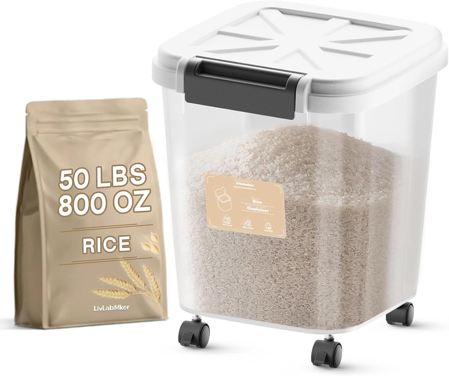Rice Dispenser - 50LBS Airtight food storage container with lids,cereal ...