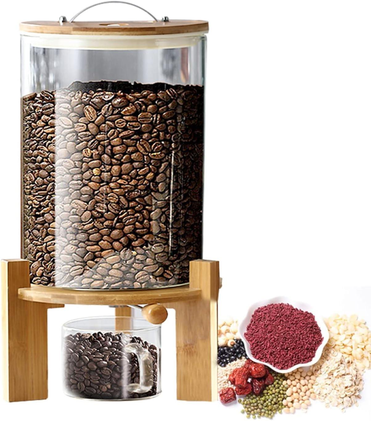 Rice Dispenser Glass with Wooden Stand, Home Cereal Dispenser Jars for ...