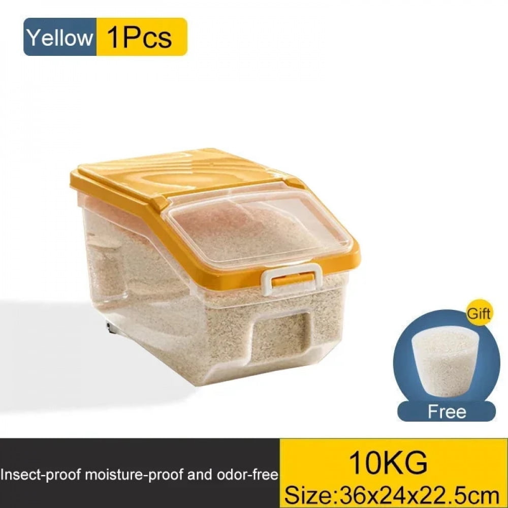 Rice Storage Container with Lid Wheels Scoop Plastic Grain Dispenser ...