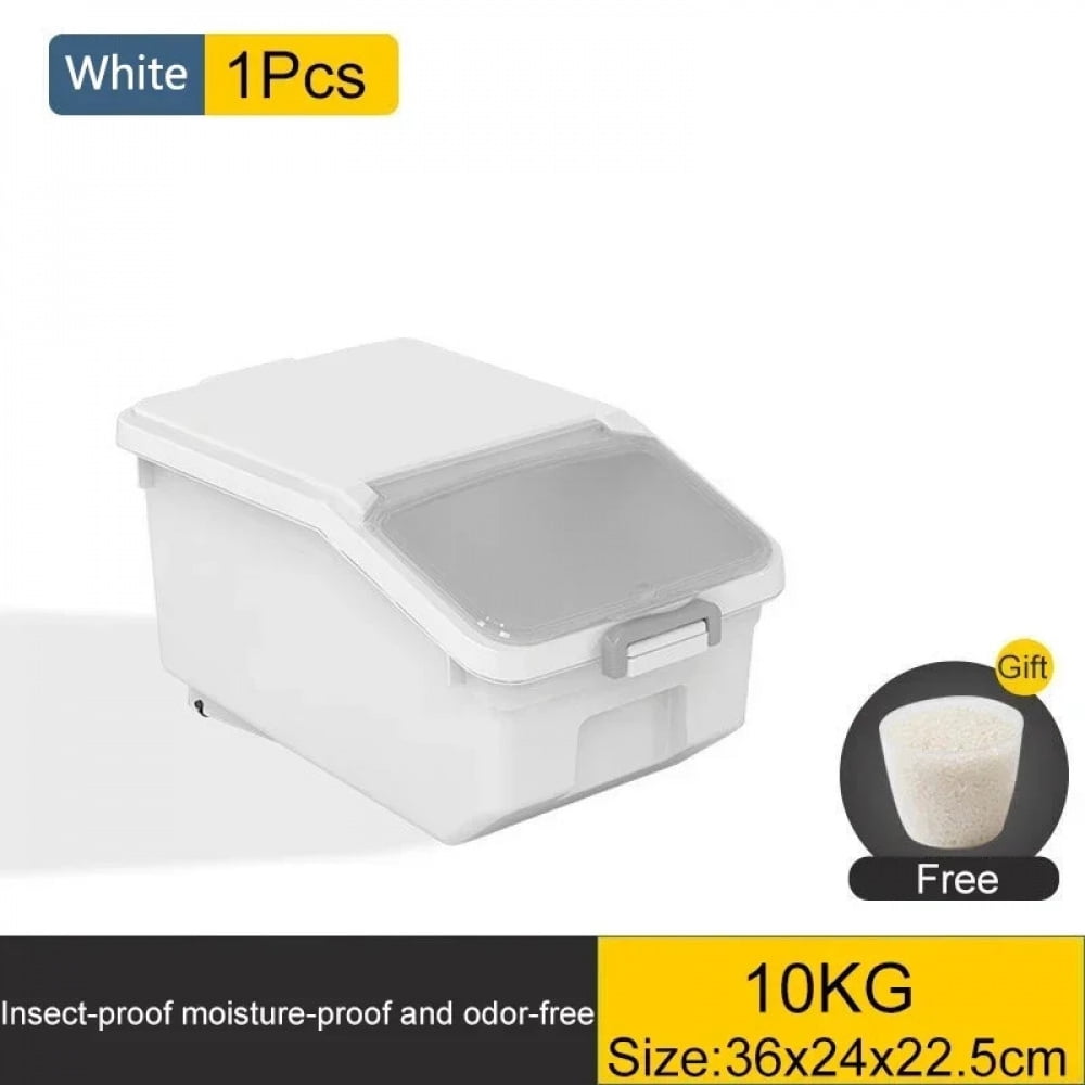Rice Storage Container with Lid Wheels Scoop Plastic Grain Dispenser ...
