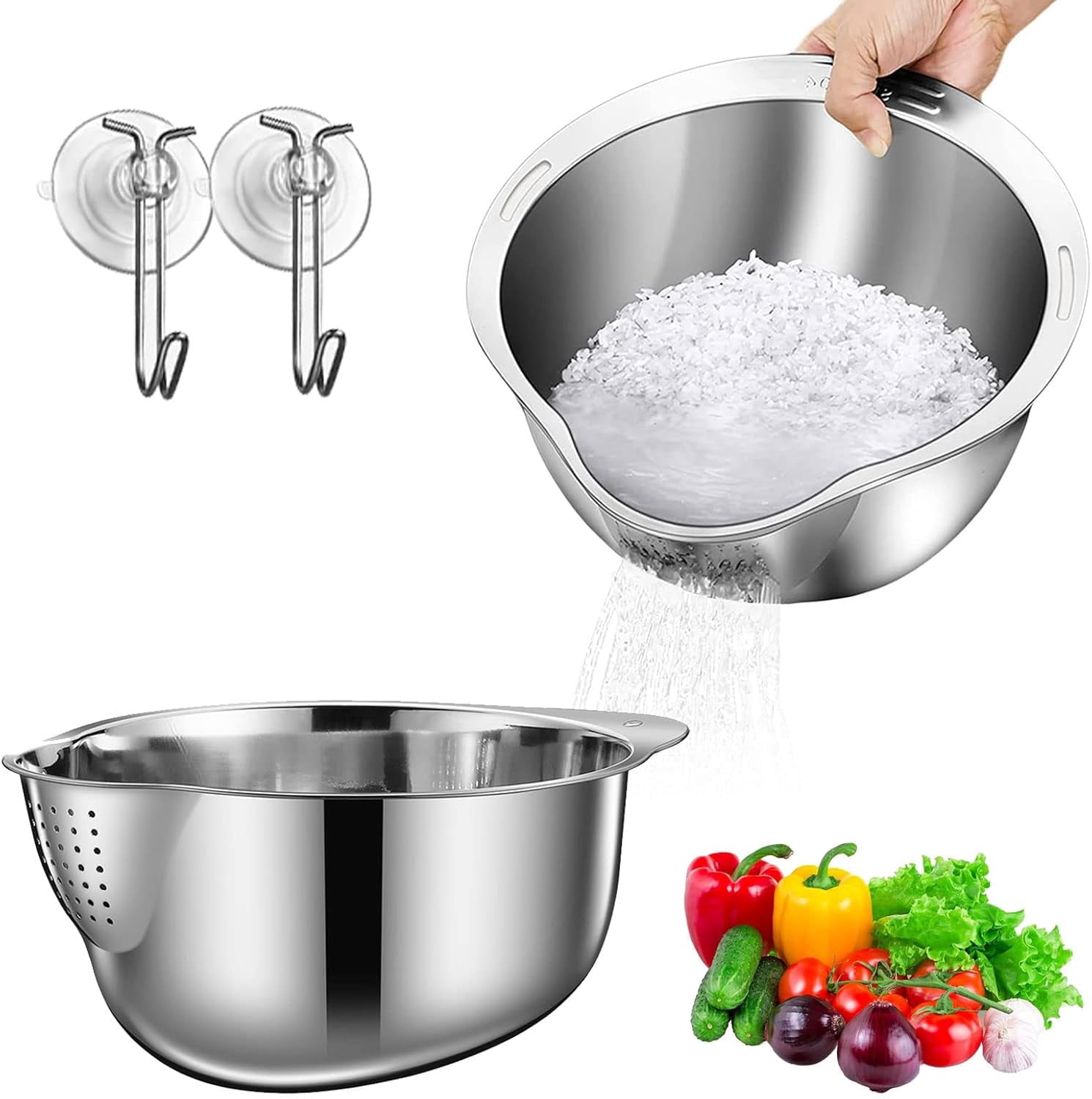 Rice Strainer, 2PCS Rice Washer Strainer Bowl, Rice Cleaner Strainer ...