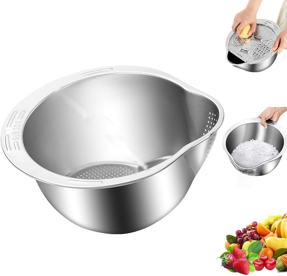 Rice Washer Strainer Bowl with Grater, 2025 Upgrade Stainless Steel ...