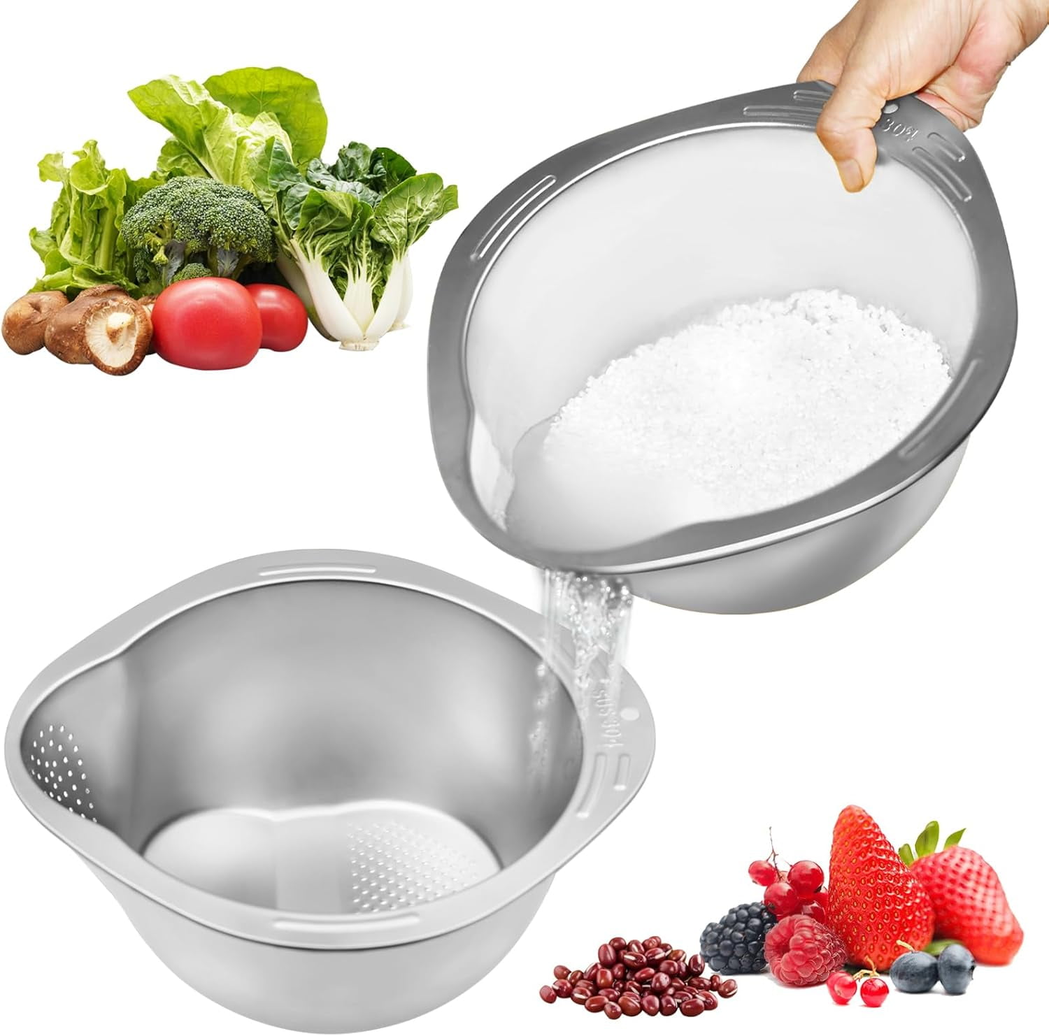 Rice Washer Strainer Bowl, Stainless Steel Washing Bowl with Side ...