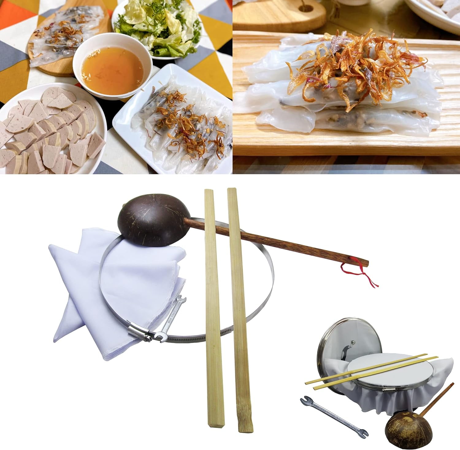 Rice cake rollers rice with big spoon and stick bamboo, banh cuon ...
