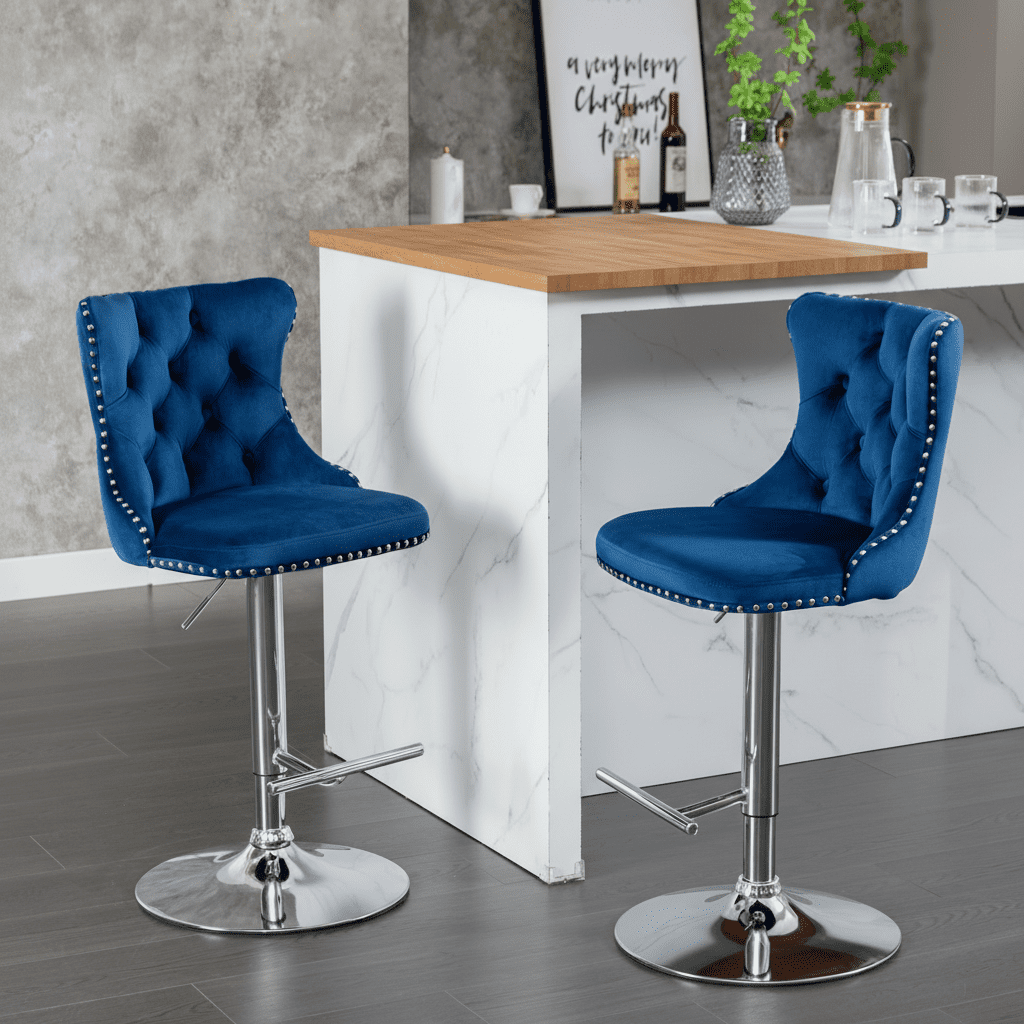 Rich Blue Velvet Swivel Bar Stools, Set of 2 – Plush Adjustable Height ...