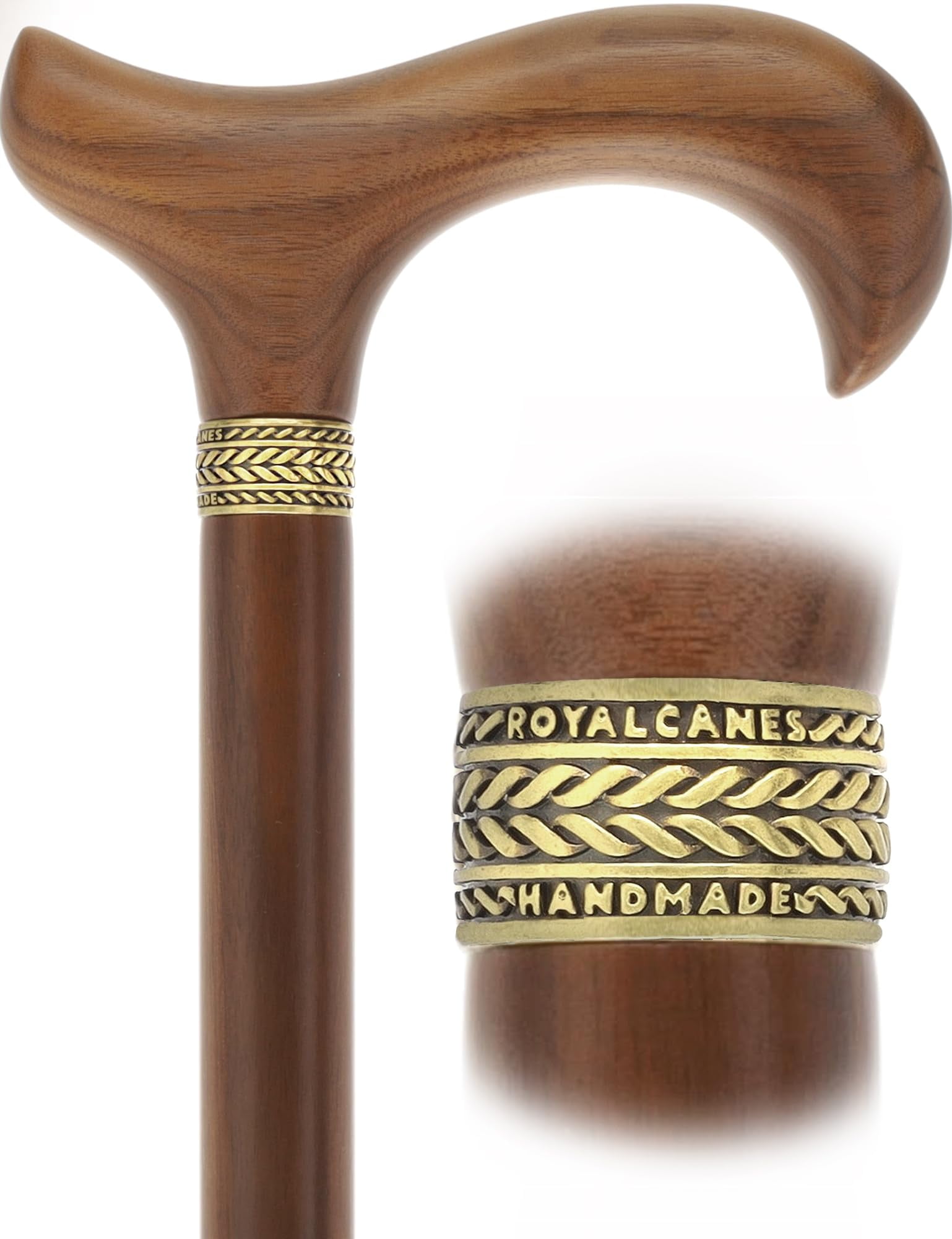 Rich Genuine Walnut Derby Cane with Black and Gold Pewter Wheat Collar ...