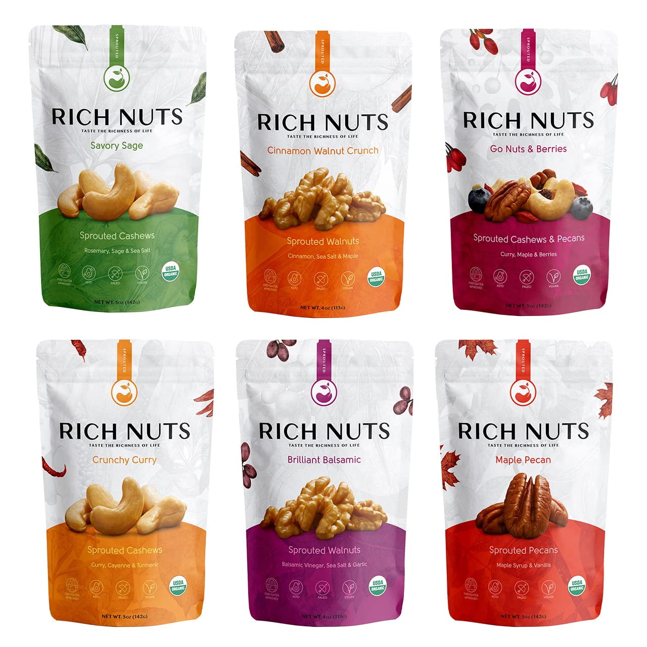 Rich Nuts Variety Pack AIF4 Sprouted Nuts | Gourmet Flavored and Trail ...