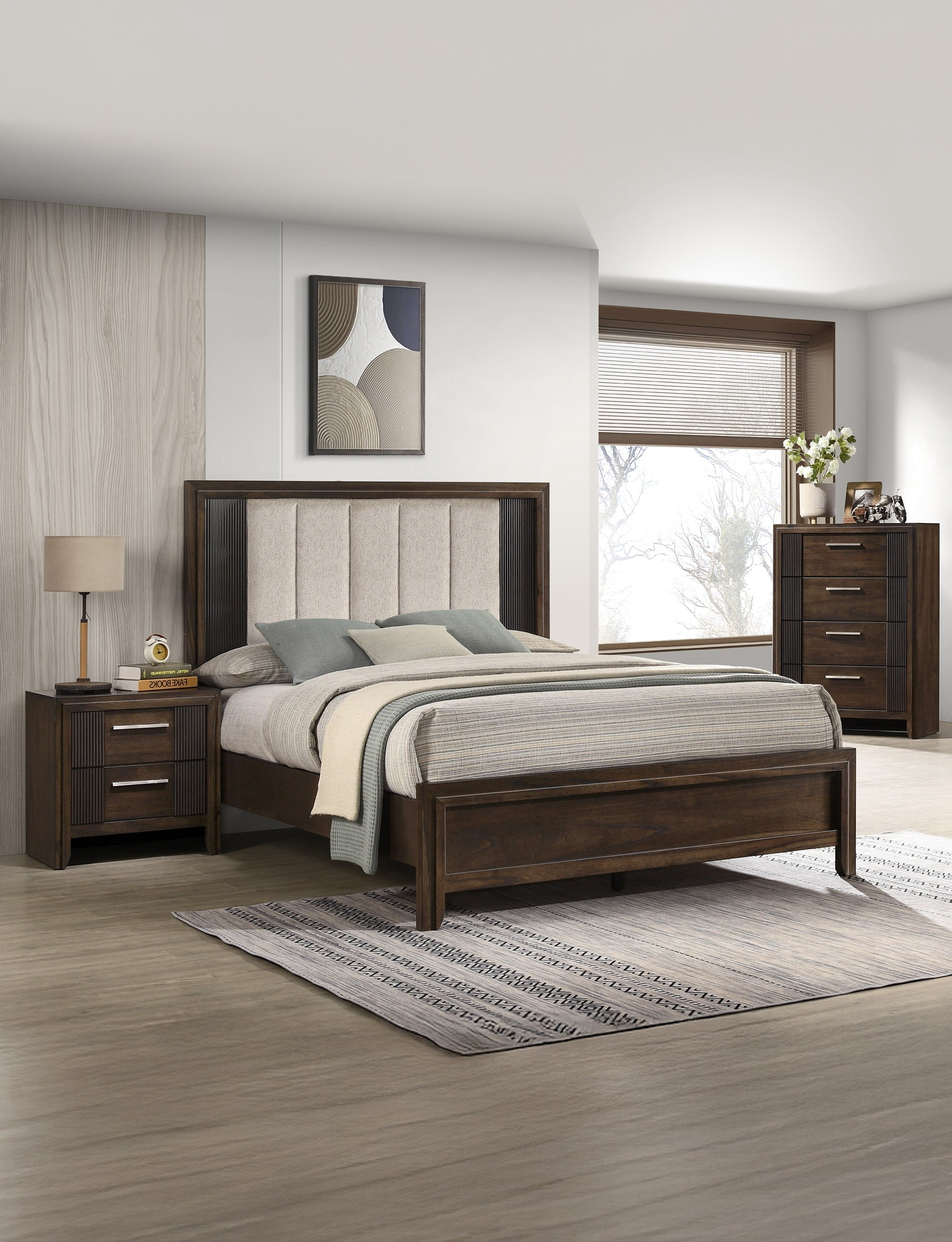 Rich Wood Finish Plush Upholstered 3pc Rustic King Bed Chest Nightstand ...
