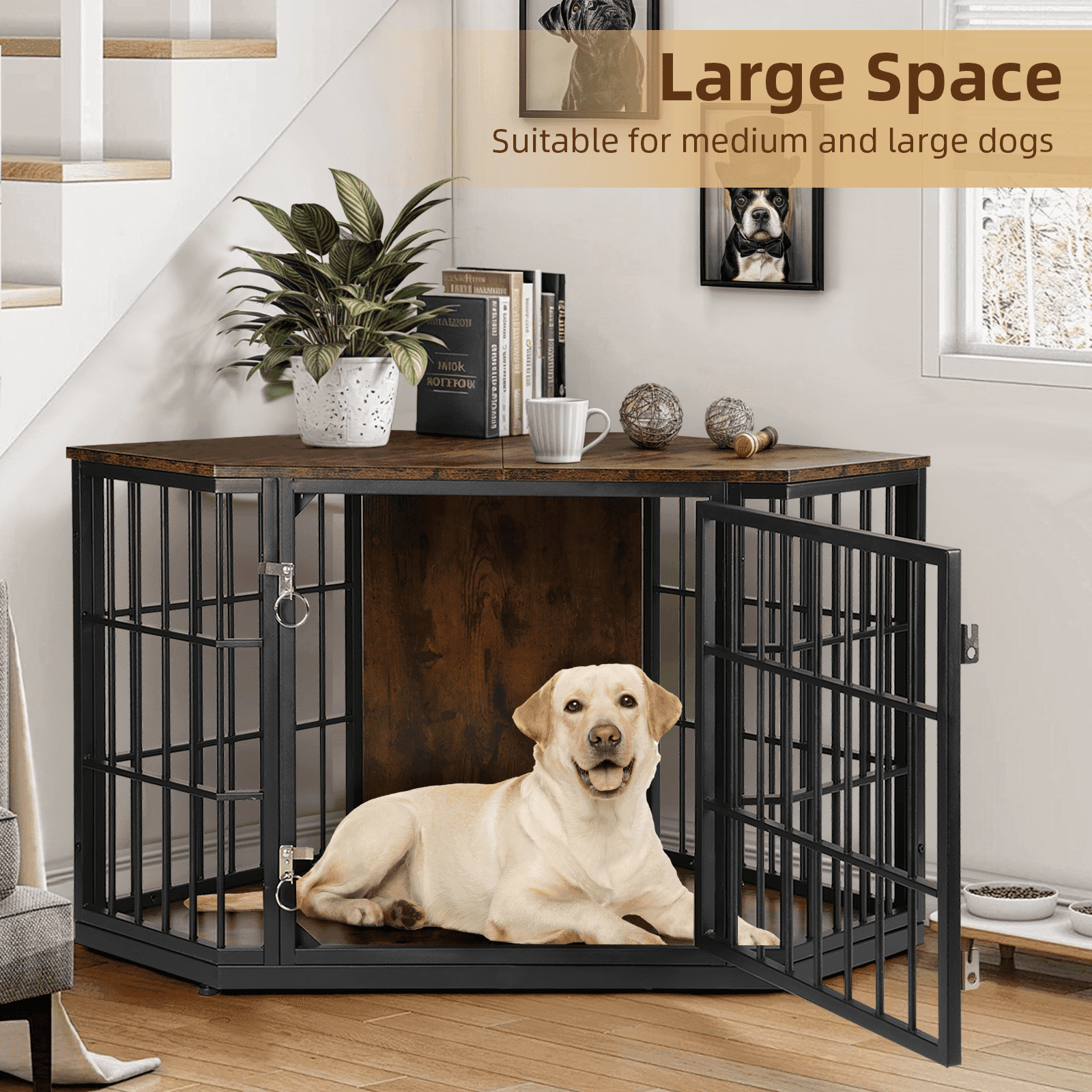 RichYa 52 Inch Corner Dog Crate Furniture, Wooden Dog Kennel Furniture ...