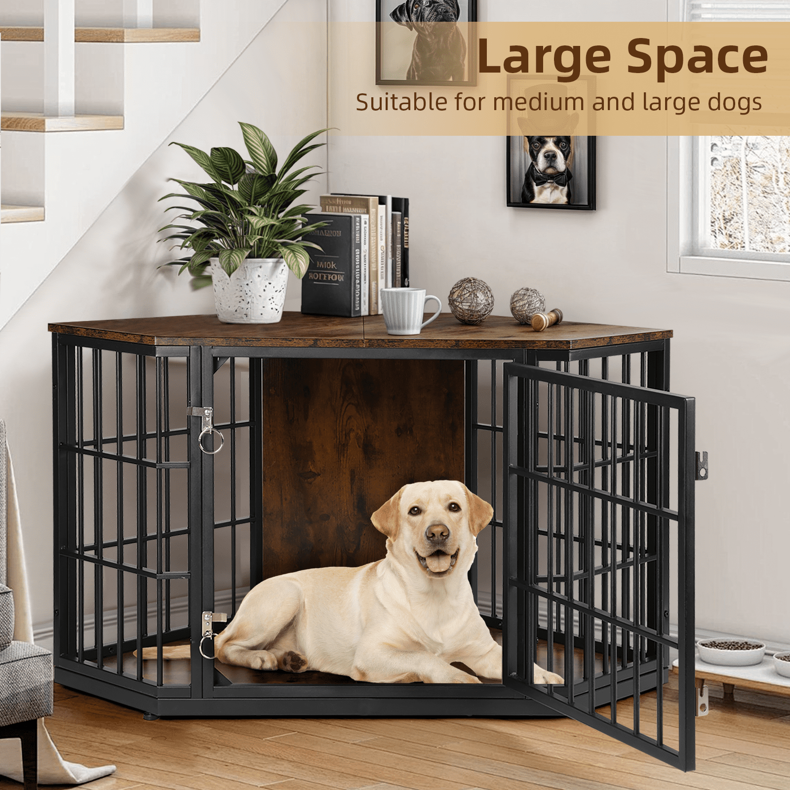 RichYa 52 Inch Corner Dog Crate Furniture, Wooden Dog Kennel Furniture ...