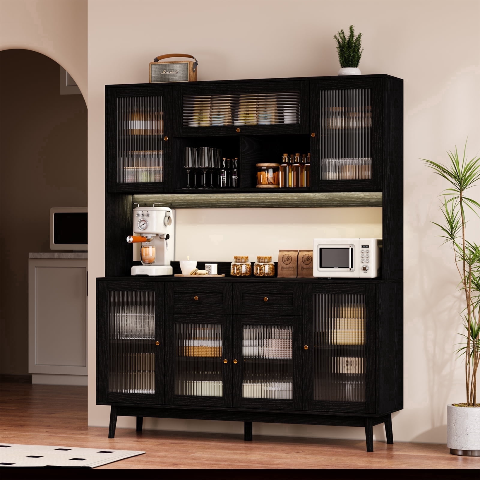 RichYa Kitchen Pantry with RGB LED Light,2 Drawers Hutch Storage ...
