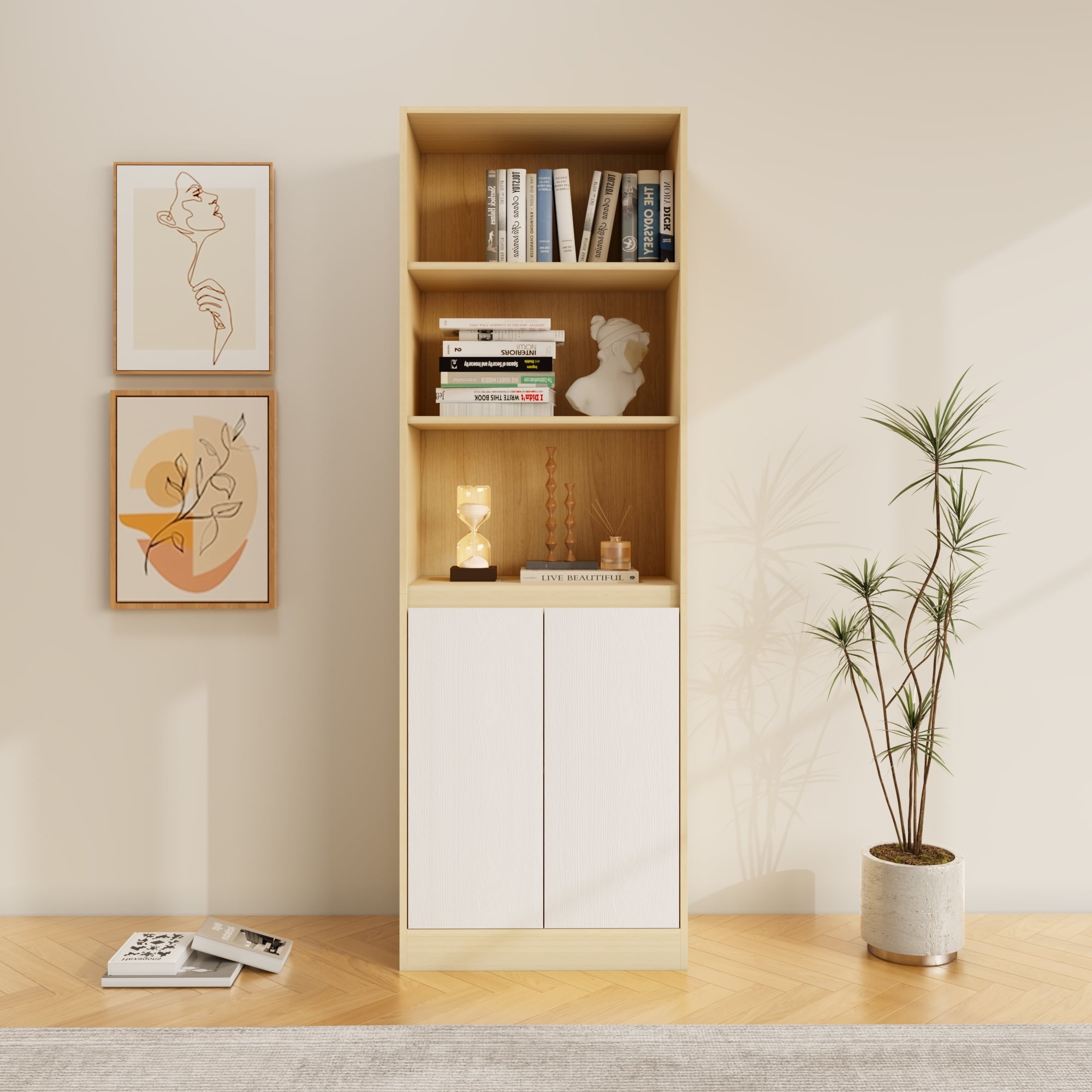RichYa 71"H Tall Entryway Bookcase with Doors,Storage Cabinet with Open ...