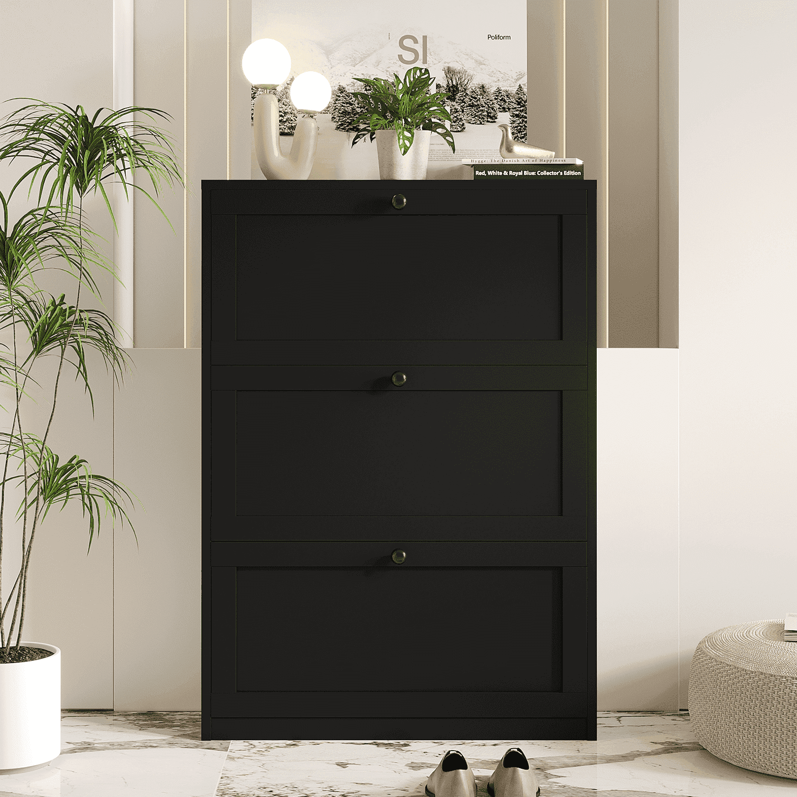 RichYa Black Shoe Cabinet with 3 Flip Drawers, Freestanding Shoe Storage Rack for Entryway ...