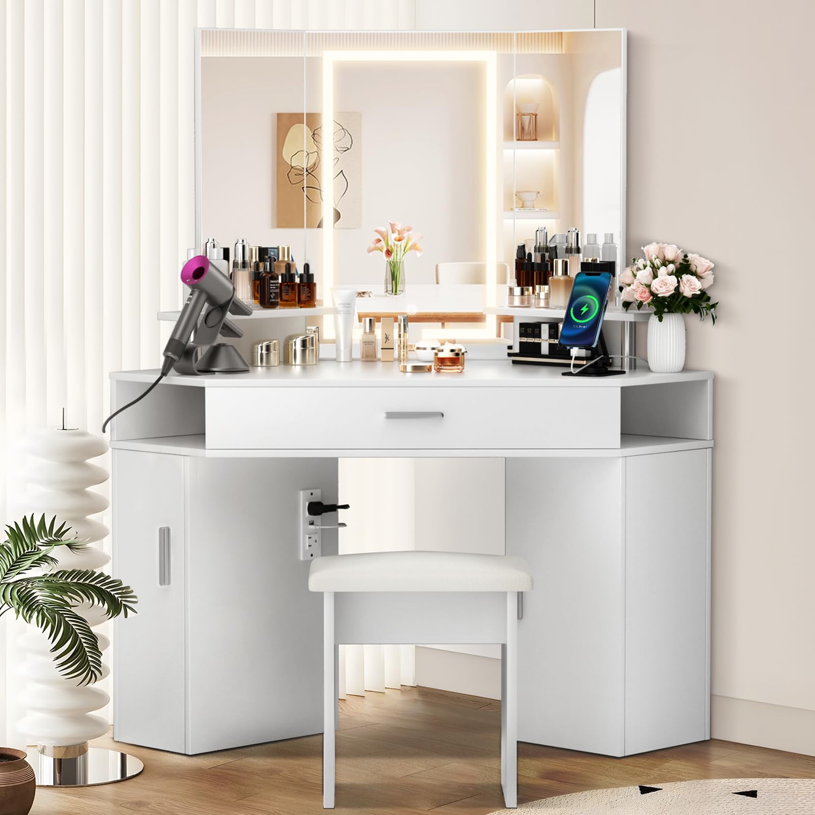 RichYa Hollywood Style Corner Makeup Vanity Desk with LED Lighted ...