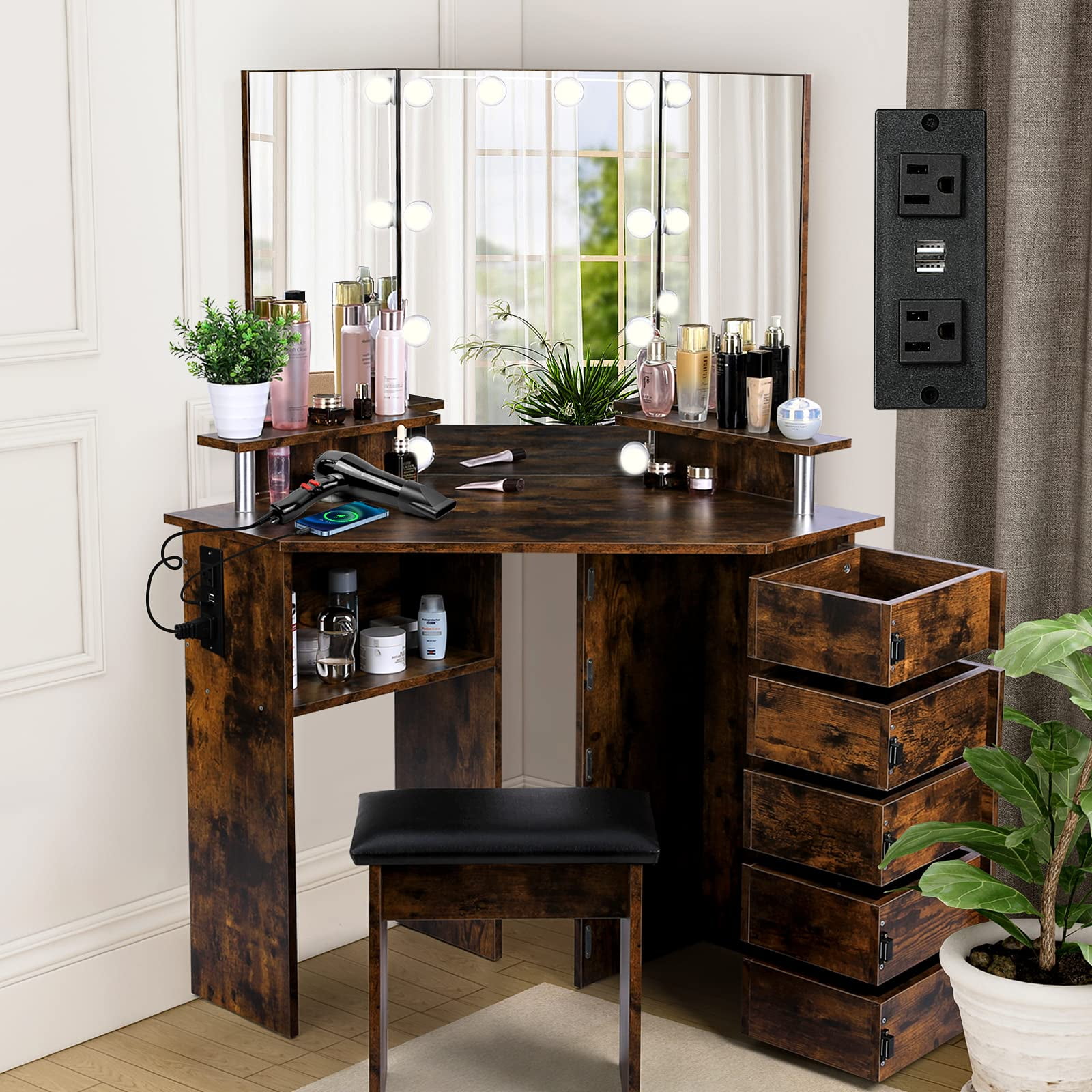 RichYa Corner Vanity Table with Adjustable Brightness, Rotating Drawers ...