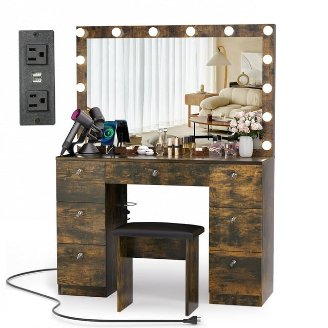 RichYa Solid Wood Makeup Vanity Desk with Lighted Mirror, Power Outlet ...