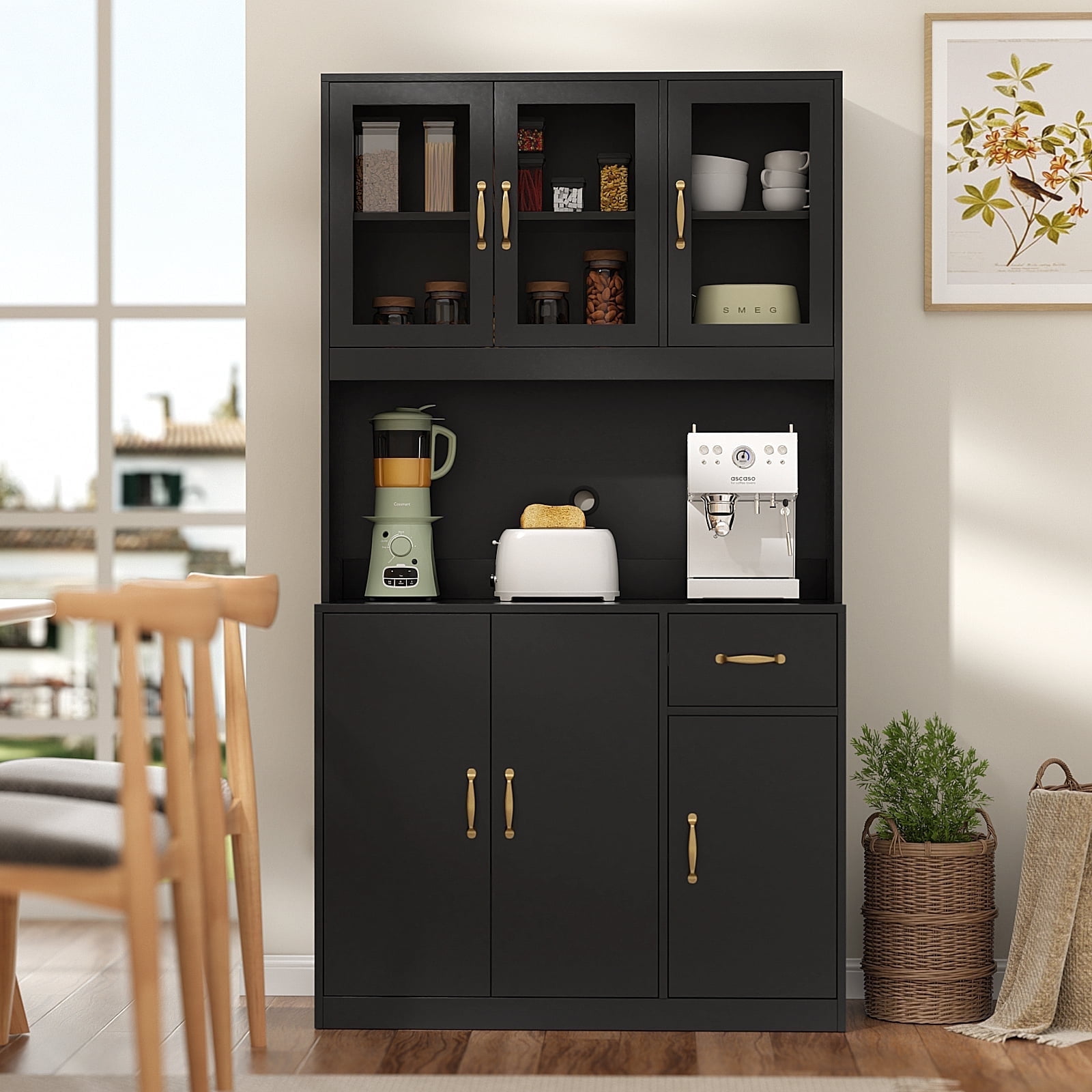 RichYa Freestanding Kitchen Pantry Cabinet with Buffet Cupboard Storage Cabinet with 6 Doors Utility Pantry for Kitchen Dining Room Black