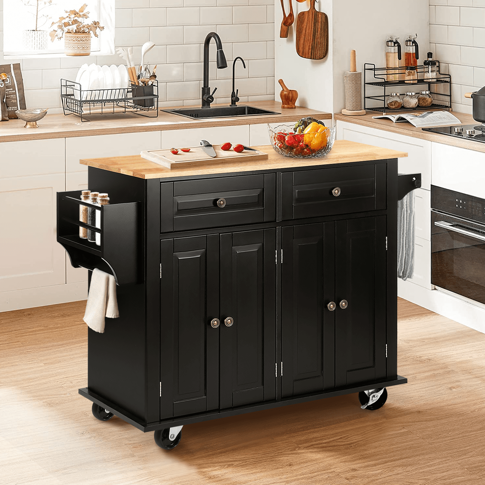 RichYa Portable Kitchen Island with Storage, Rolling Cart, Solid Wood ...