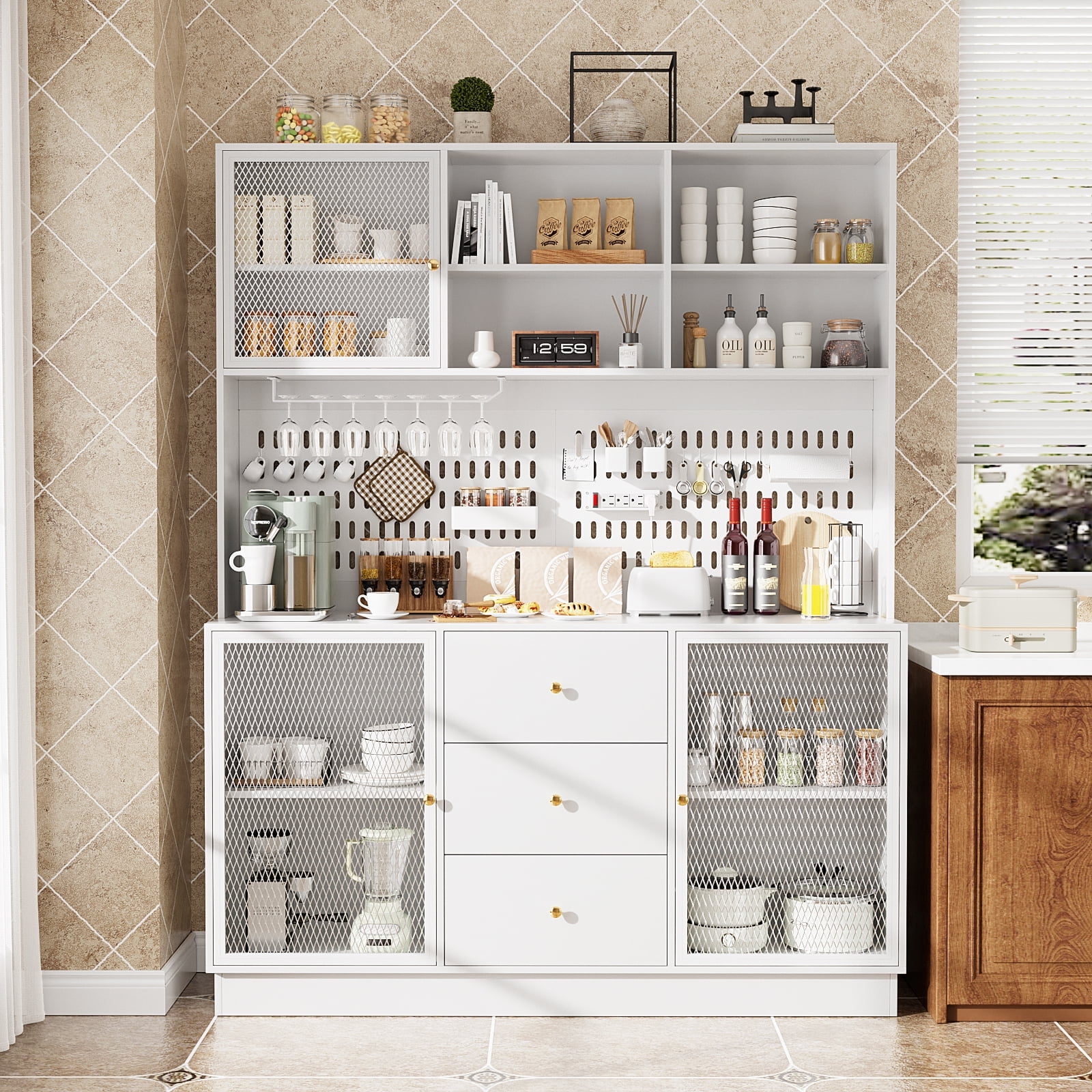 RichYa Kitchen Storage Pantry 57" Spacious Countertop Hutch with 3 ...