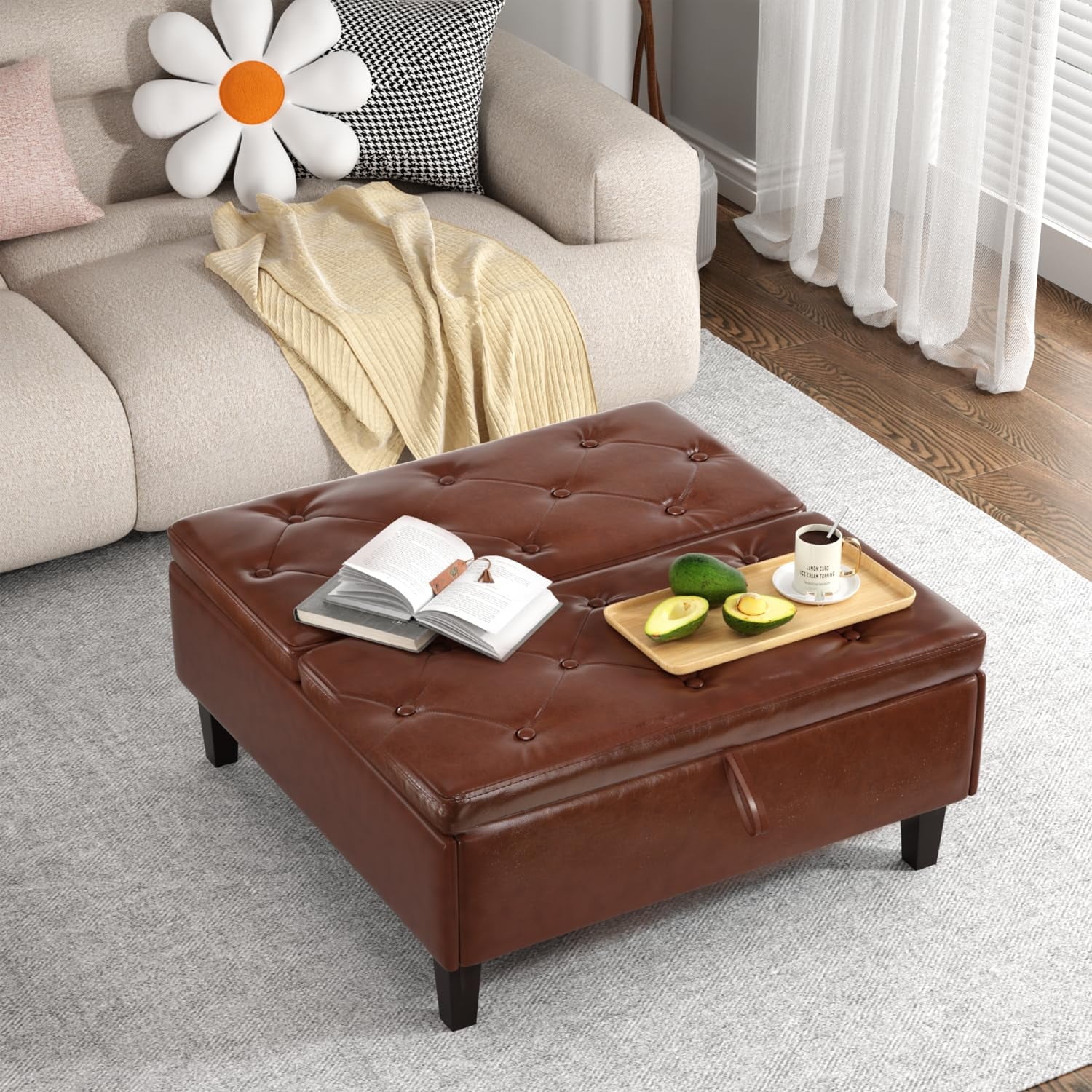 RichYa Oversized Square Ottoman, Storage Toy Box, Red Brown Faux ...