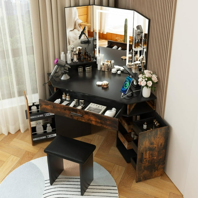 RichYa LED Makeup Vanity Desk with Power Outlet, 3 Color Lighting ...