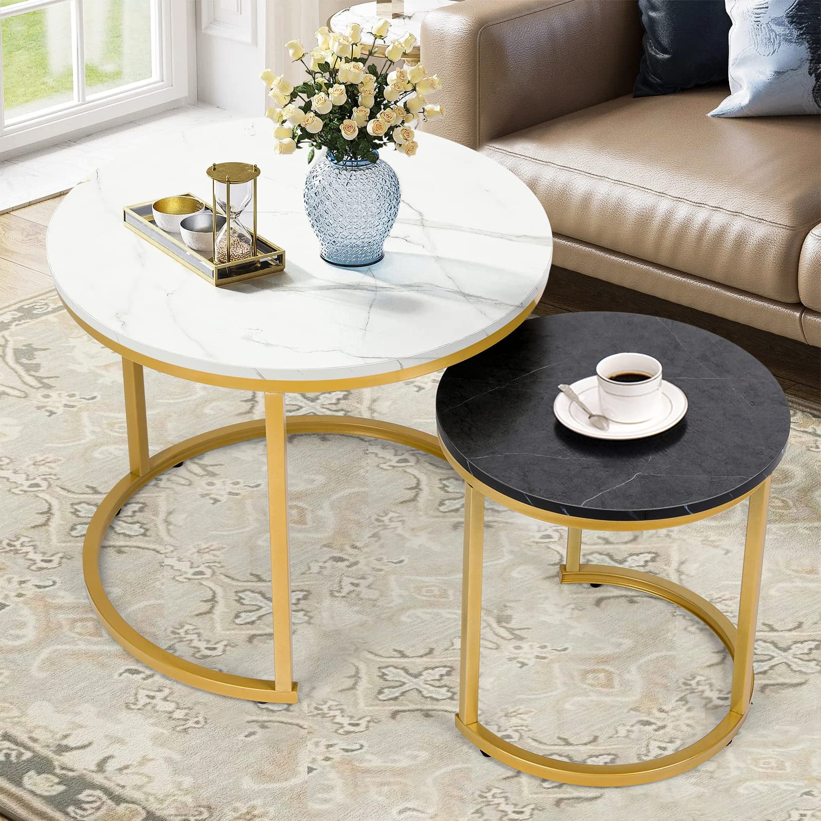 RichYa Modern Nesting Coffee Table Set, 23.6'' Round, Set of 2, White ...