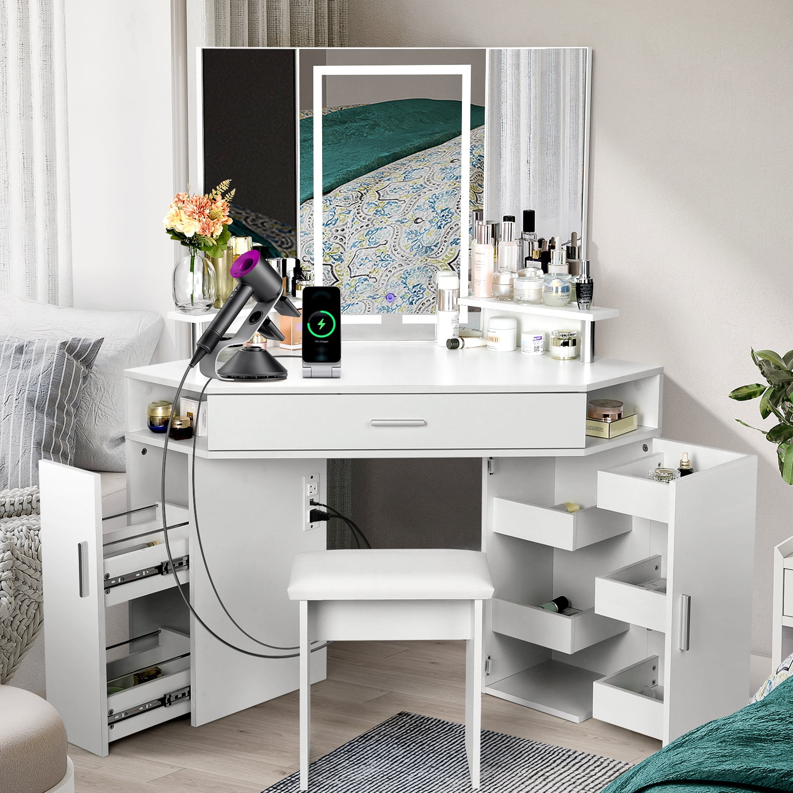 RichYa Modern Corner Makeup Vanity with Lighted Mirror Power Outlet ...