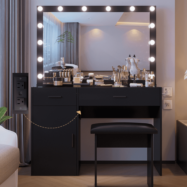 RichYa Large Bedroom Vanity Desk with Built-in LED Lights, Glass Top ...