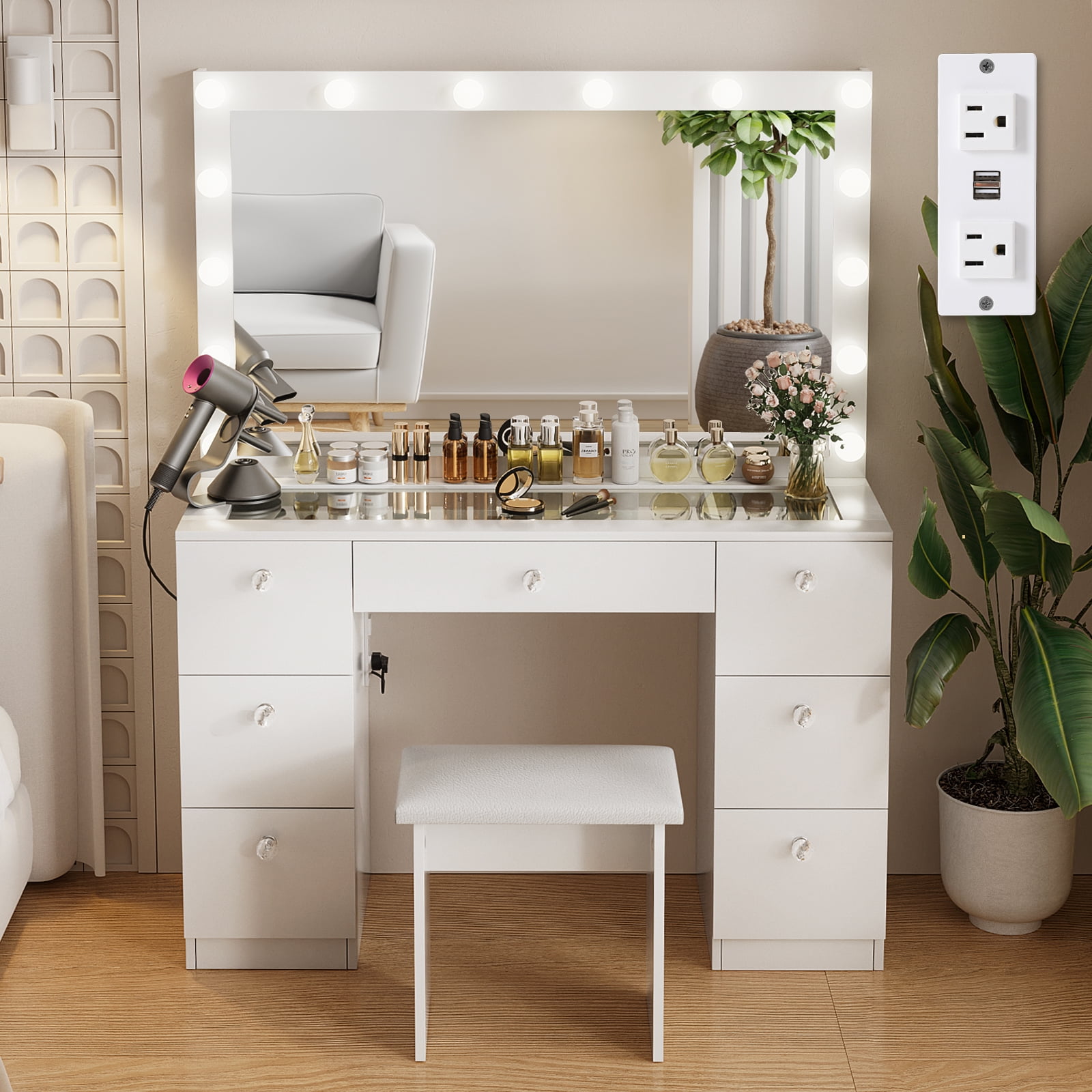 RichYa Modern Makeup Vanity Desk with Lighted Mirror and Sturdy Stool ...