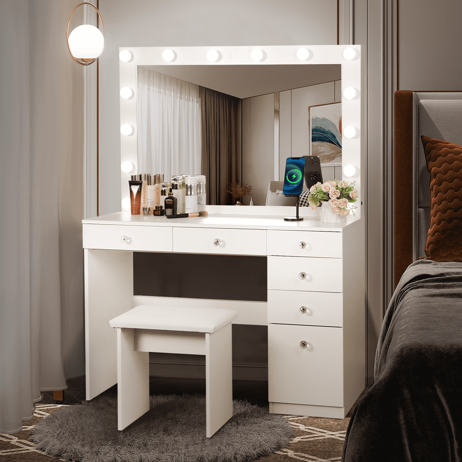 RichYa Modern Makeup Vanity Desks with Mirrors and Light and Drawers ...