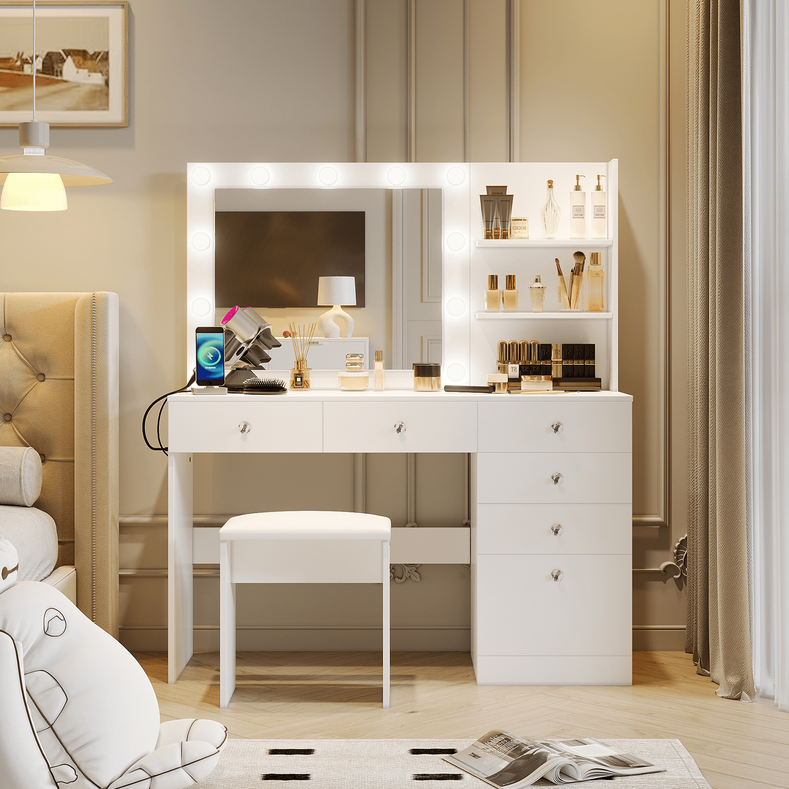 RichYa Modern Makeup Vanity with Lights and Mirror, Makeup Table Sets ...