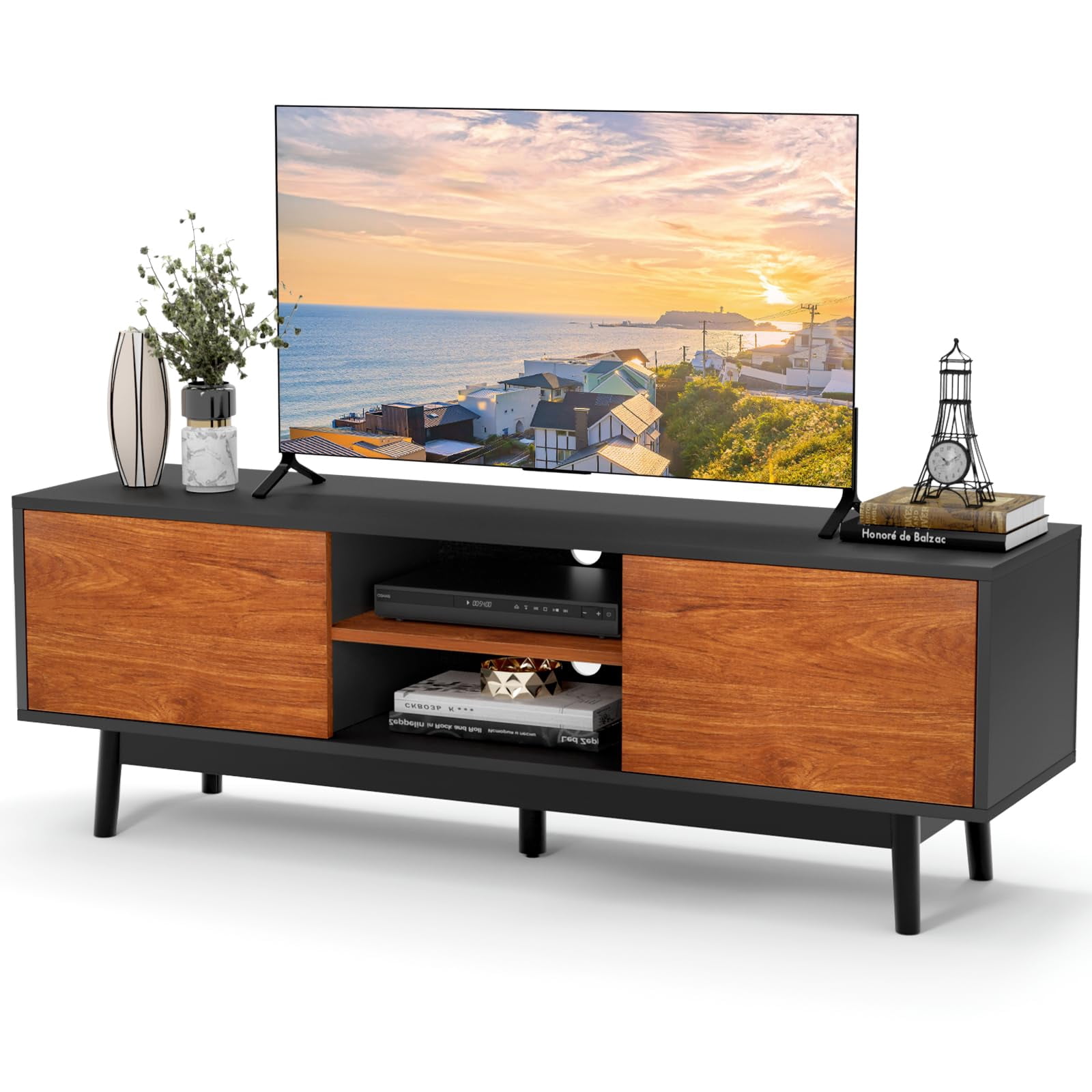 RichYa Modern TV Stand Console for 40/55/65'' TV, Rustic Brown Shelves ...
